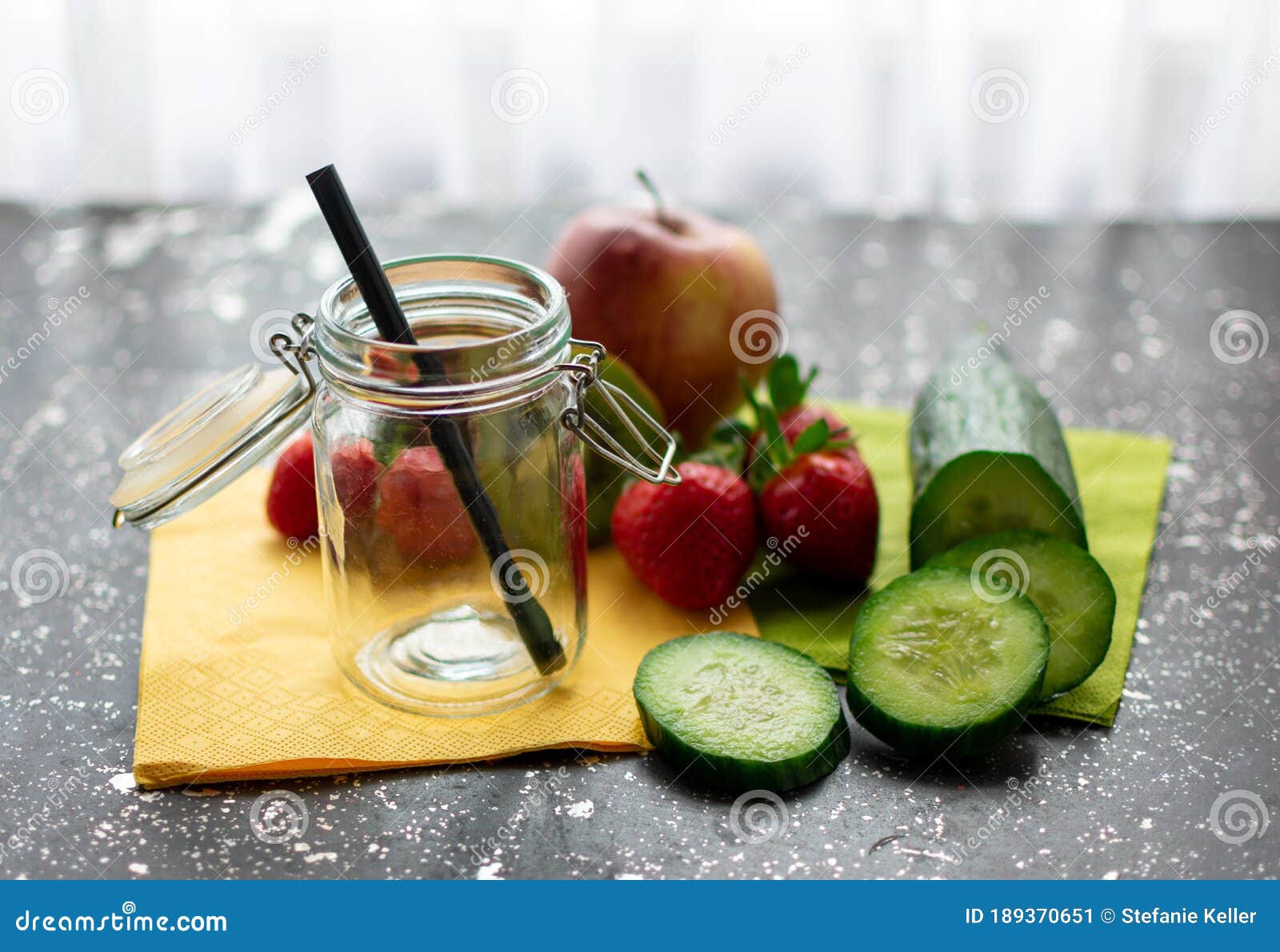 Preserving Jar Surrounded by Fresh Fruit and a Cucumber Stock Image ...