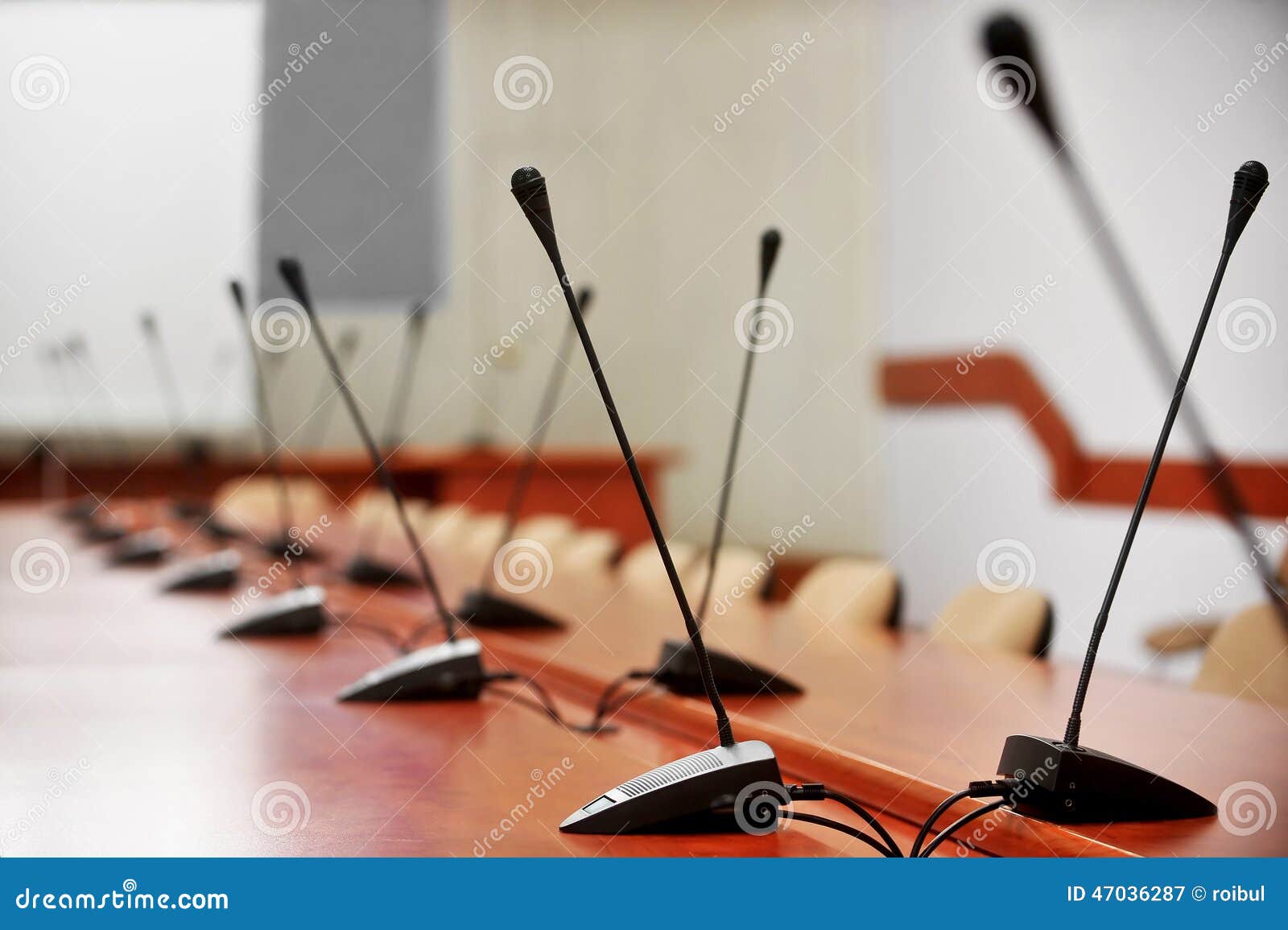 Empty Press Conference Romm with Microphones Stock Image - Image of ...