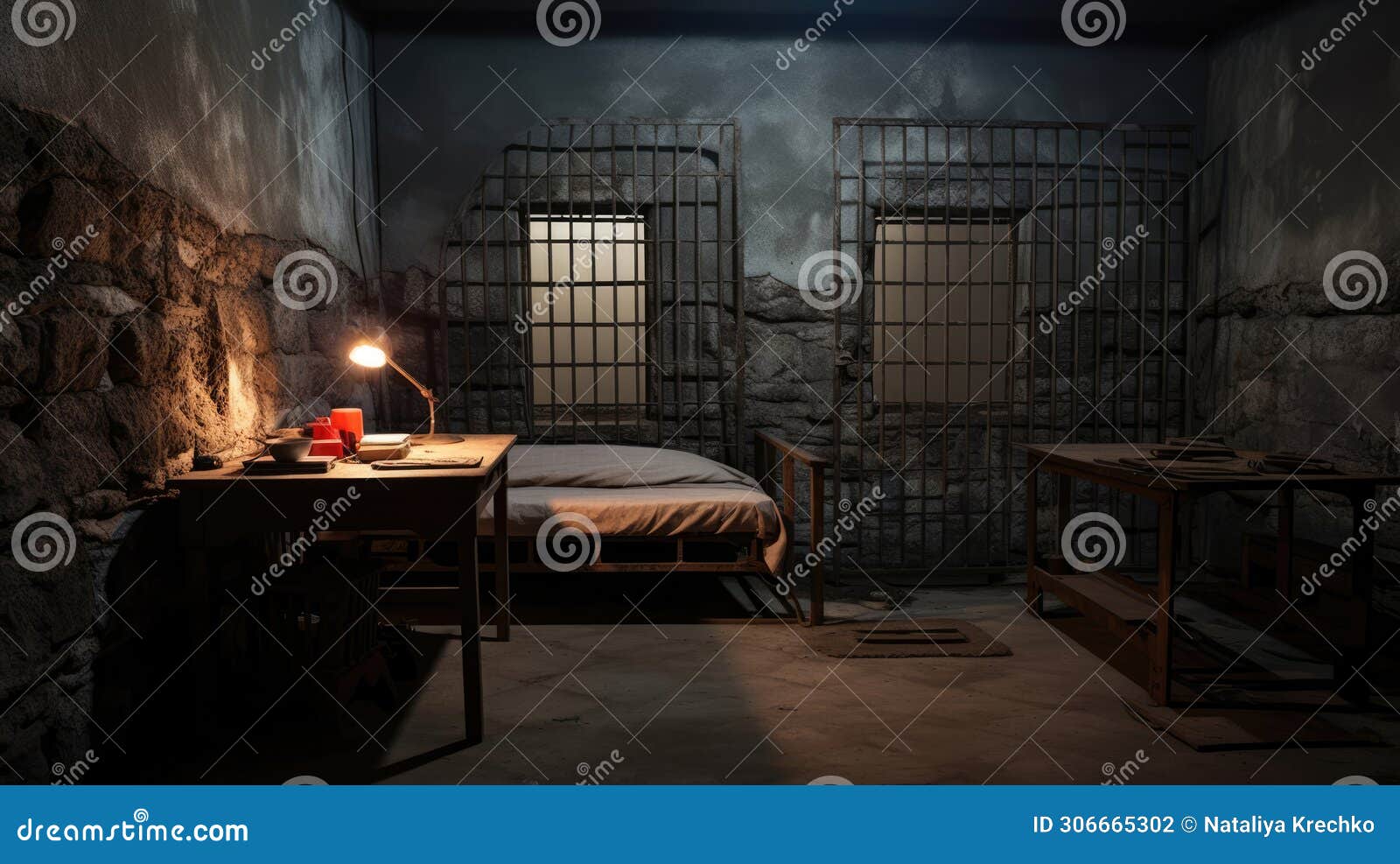 An Empty Prison Cell with a Bed and a Table Stock Photo - Image of jail ...