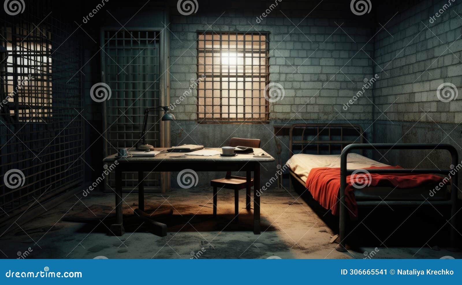 An Empty Prison Cell with a Bed and a Table Stock Image - Image of ...