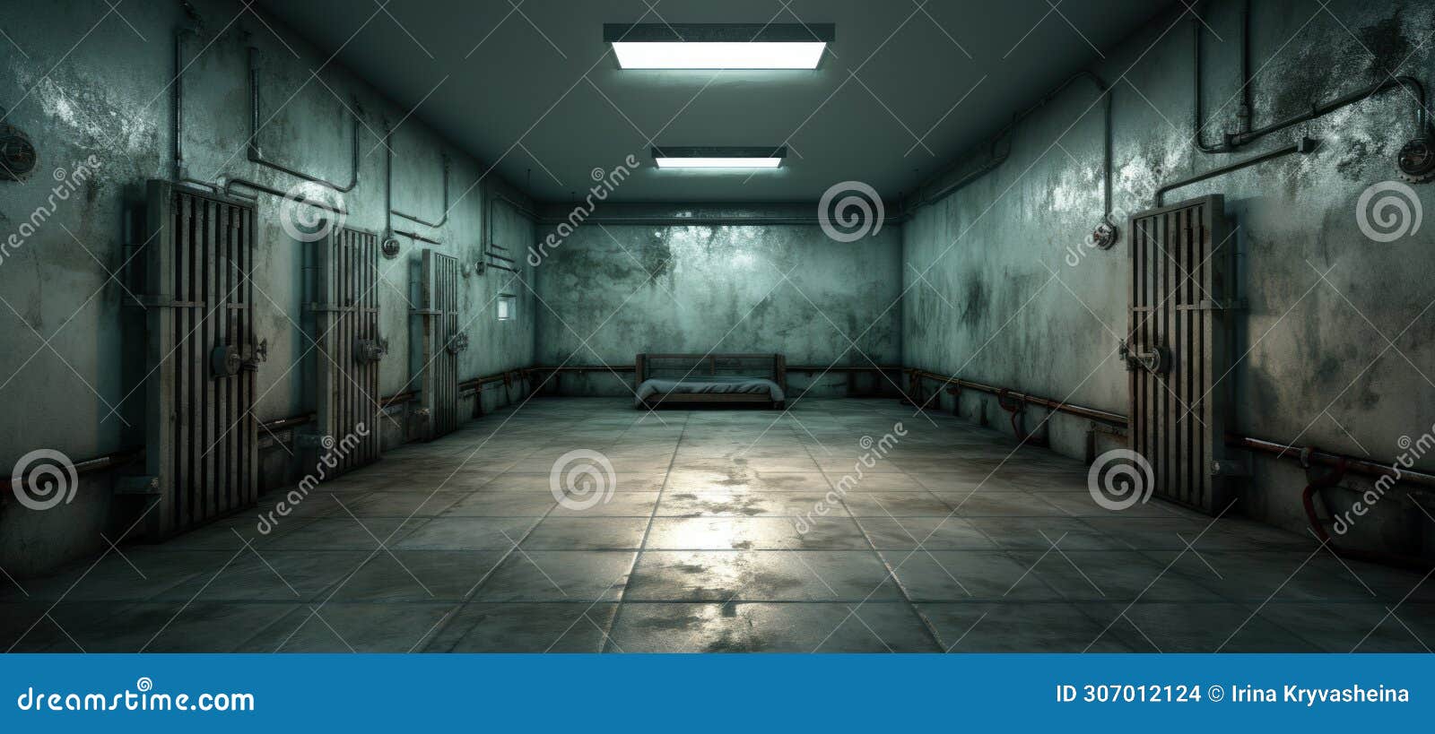 An Empty Prison Cell with Lights on it in a Hallway Stock Photo - Image ...