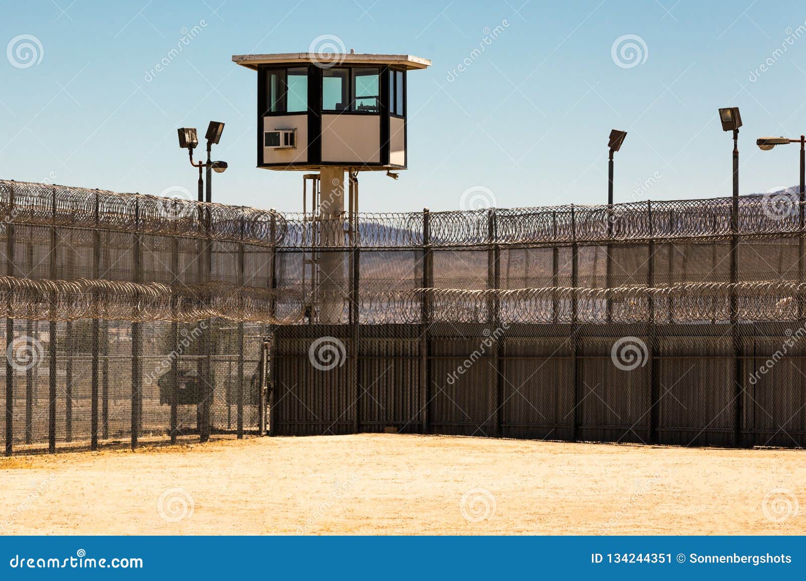 Empty Prison Yard Empty with Guard Tower Stock Image - Image of public ...