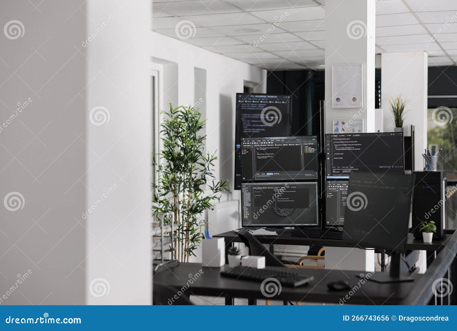Empty Programming Office with Computer Monitors on Desk Stock Photo - Image of multiple, online ...