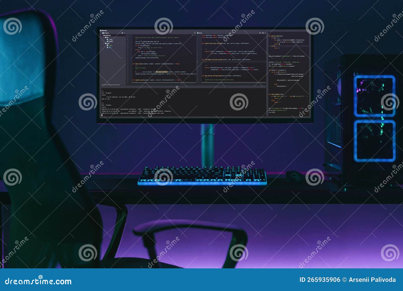 Empty Programming Workspace with Big Monitor Screen Shows Code Stock ... Empty Programming Workspace with Big Monitor Screen Shows Code Stock ...
