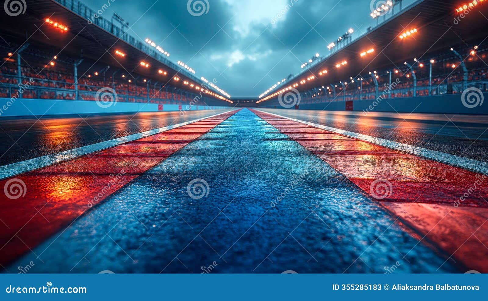Empty Racing Track with Wet Surface and Glowing Spotlights Under a ...