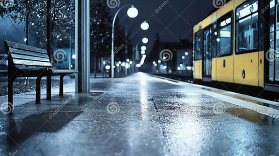 Empty Rainy Night Train Station Platform with Bench and Yellow Train ...