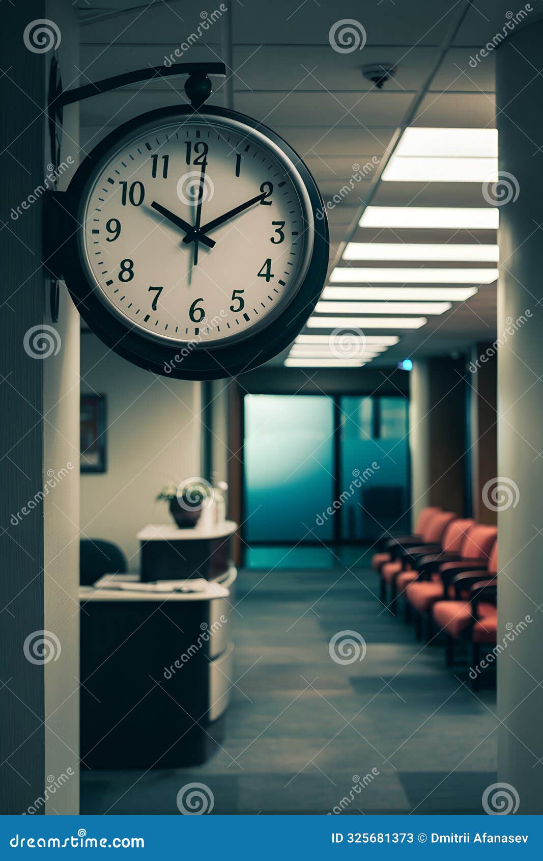 Empty Reception Area Under a Clock Showing 500 PM Stock Illustration ...