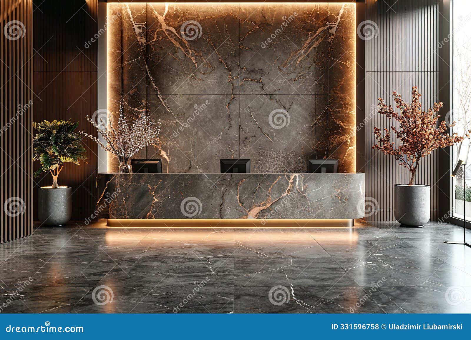 Empty Reception Desk in Luxury Office or Hotel with Computers. Wall ...