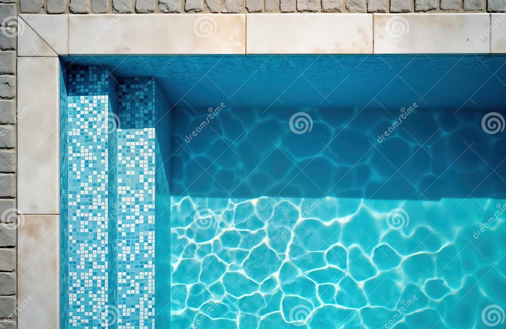 Empty Rectangular Swimming Pool with Blue Mosaic Bottom. Top View Shows ...