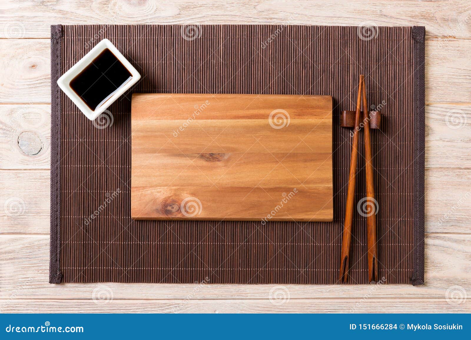 Empty Rectangular Wooden Plate for Sushi with Sauce and Chopsticks on ...