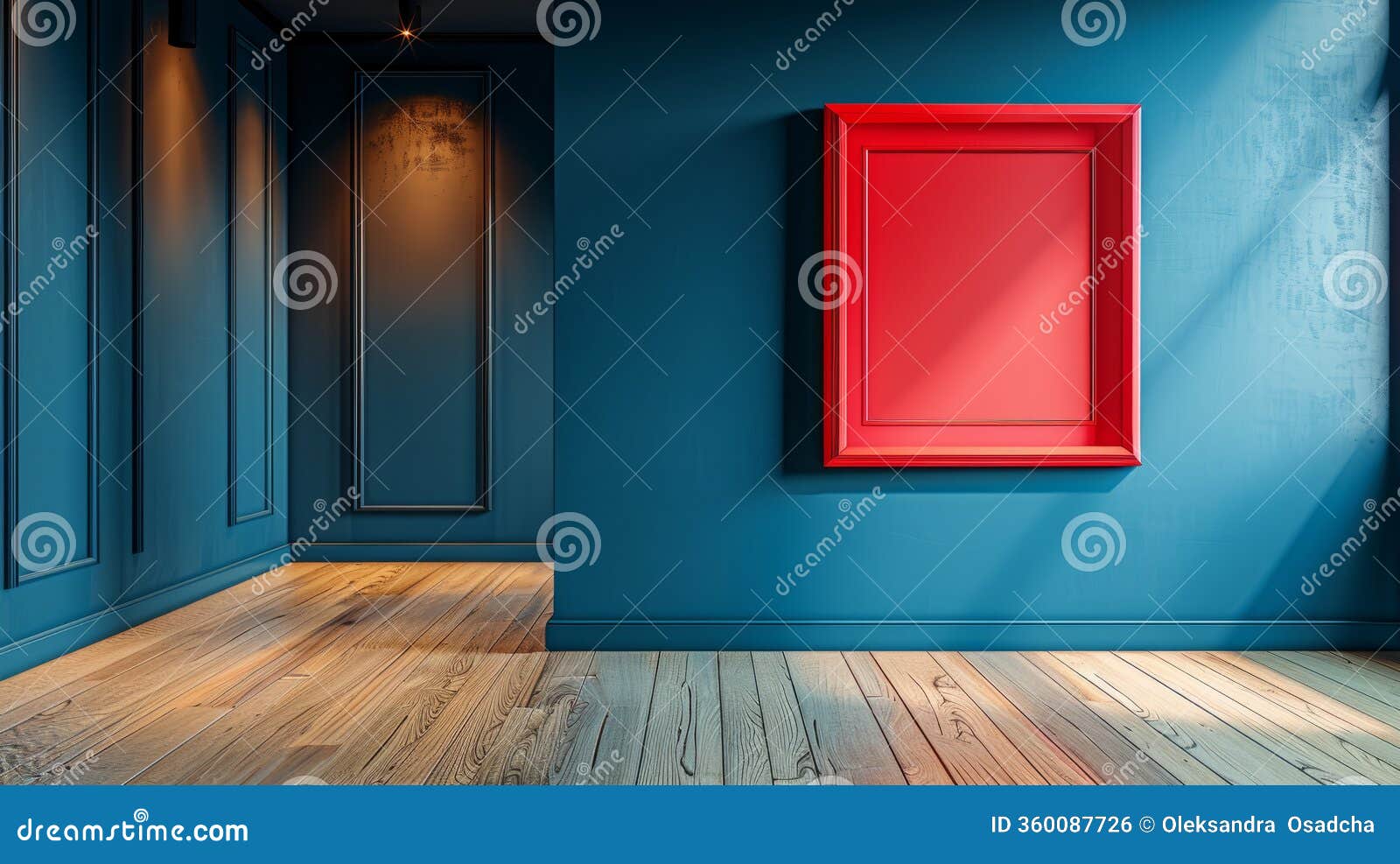 Empty Red Frame on a Blue Wall in a Modern Interior with Wooden Floors ...