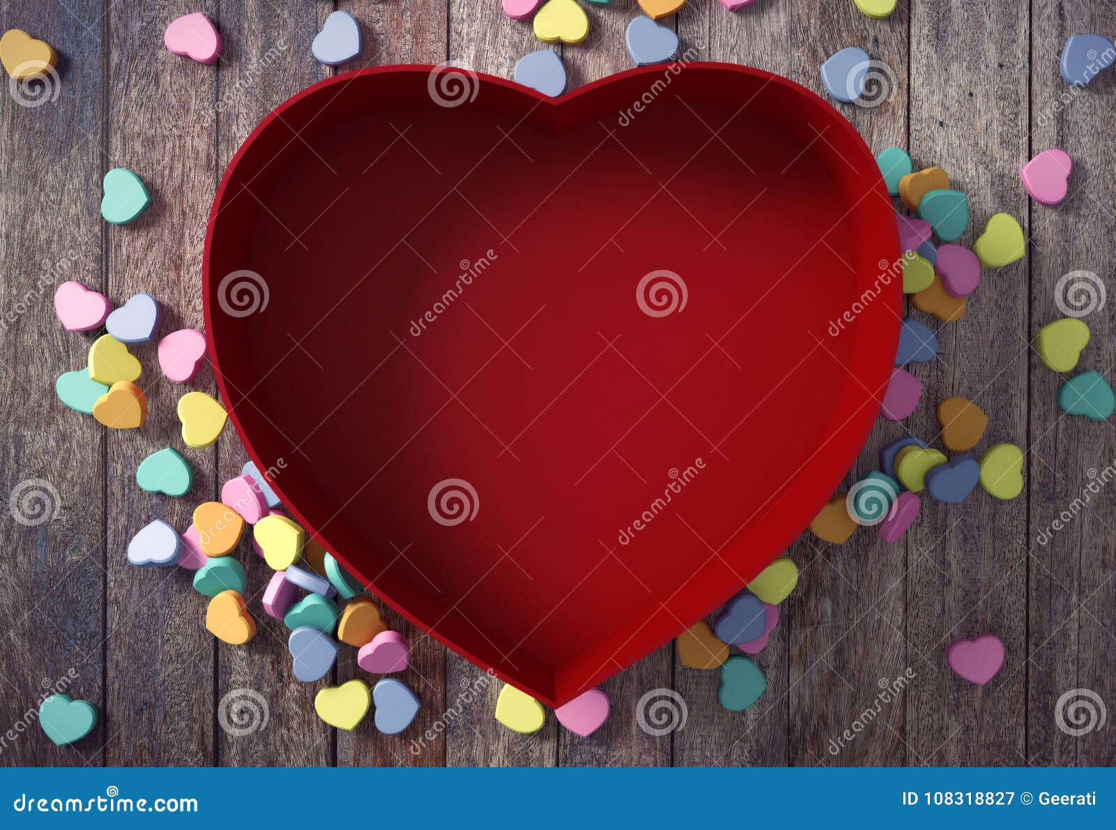 Empty Red Heart Shaped Box with Mini Hearts on Wood Background Stock ...