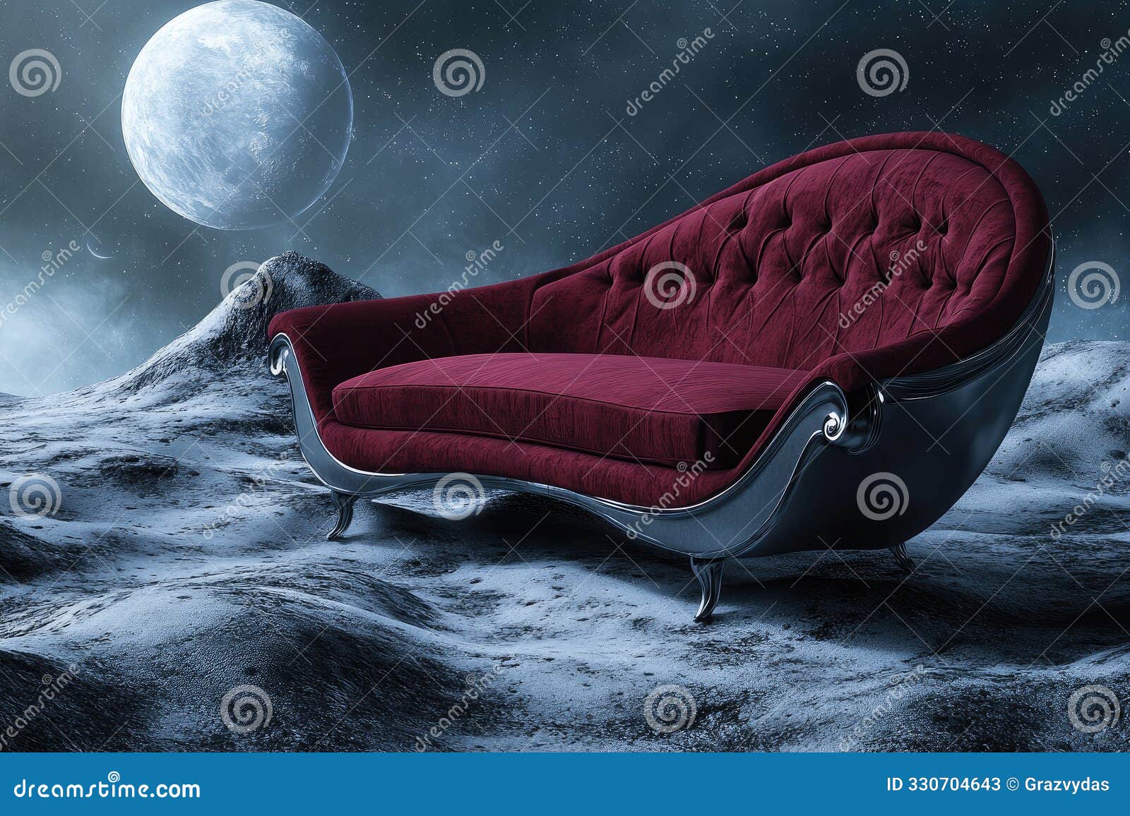 Empty Red Luxury Sofa on the Moon Surface with a View of Space Stock ...