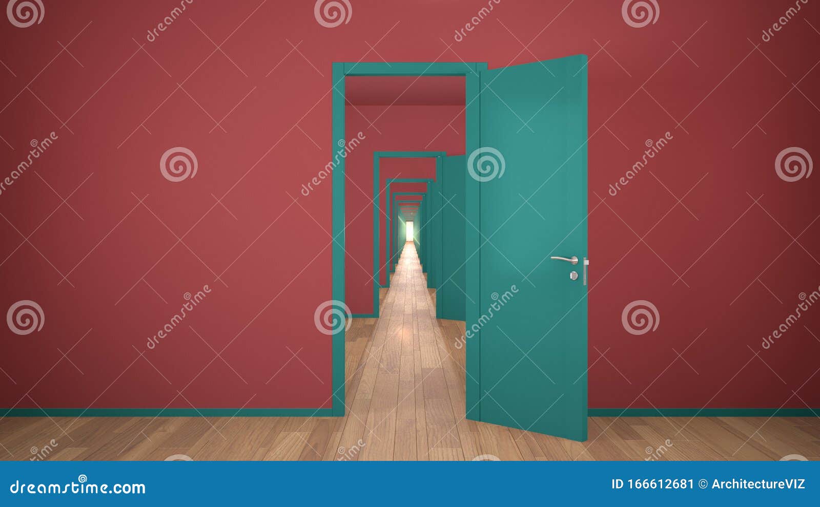 Empty Red and Turquoise Architectural Interior, Infinite Open Doors ...