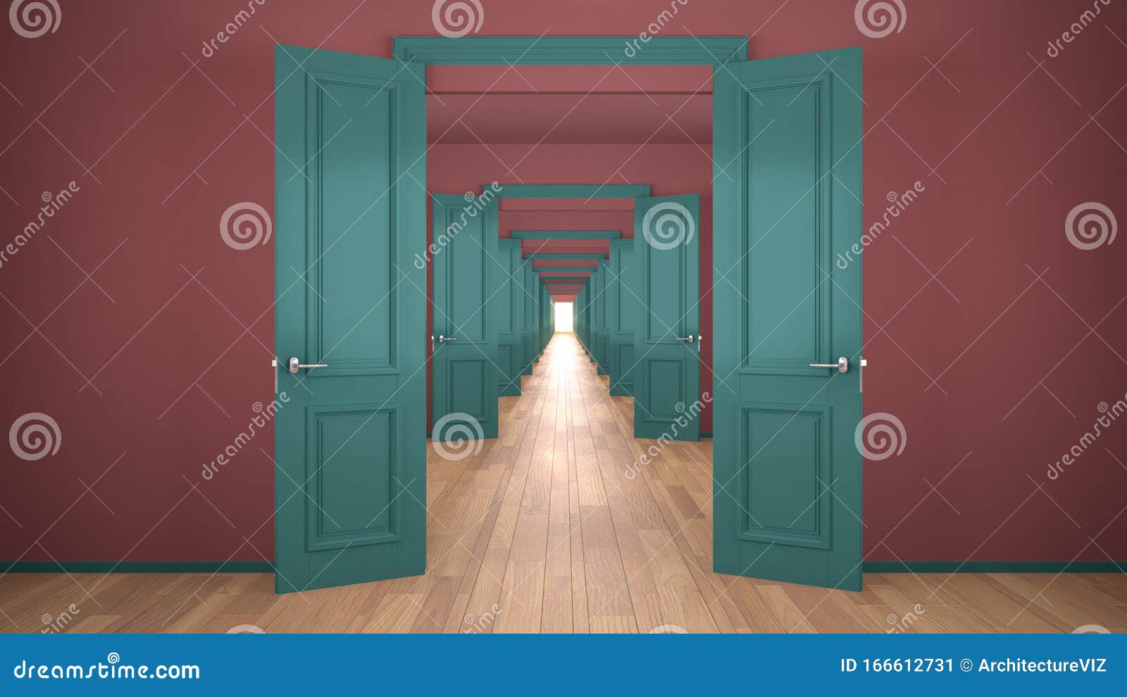 Empty Red and Turquoise Architectural Interior, Infinite Open Doors ...