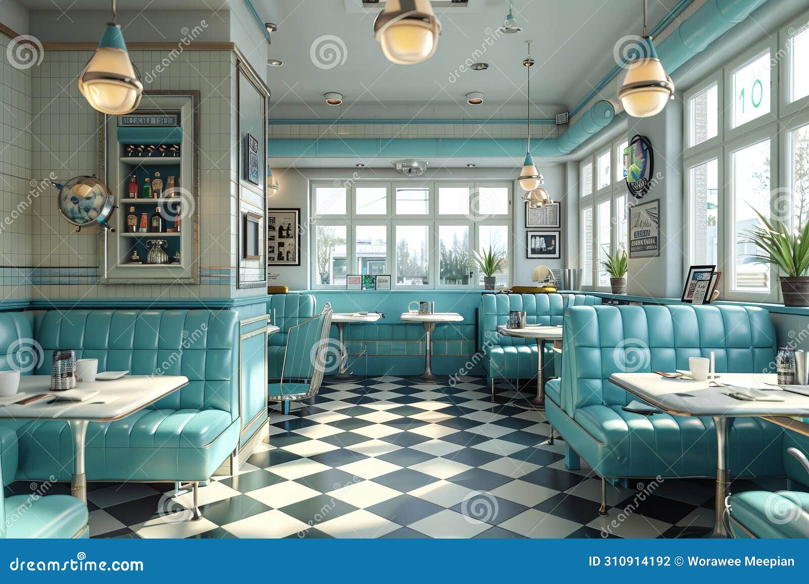 Empty Restaurant with a Blue Booth and a Blue Table Stock Photo - Image ...