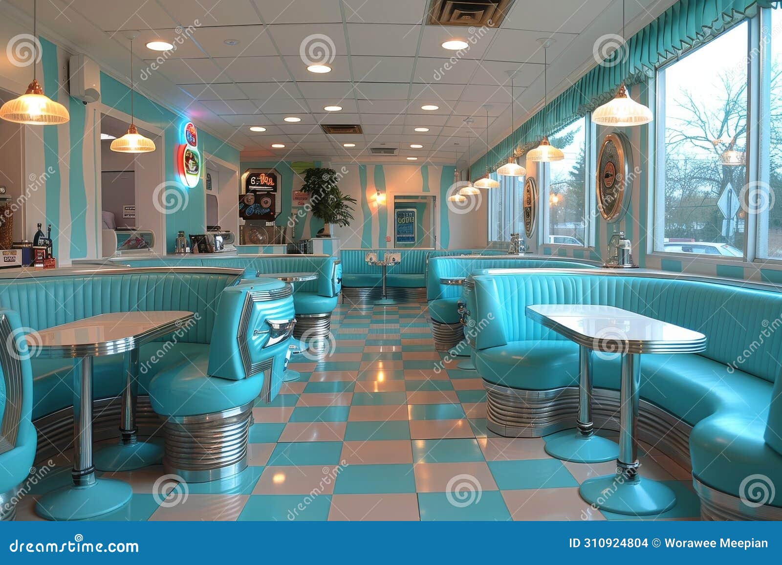 Empty Restaurant with a Blue Booth and a Blue Table Stock Photo - Image ...
