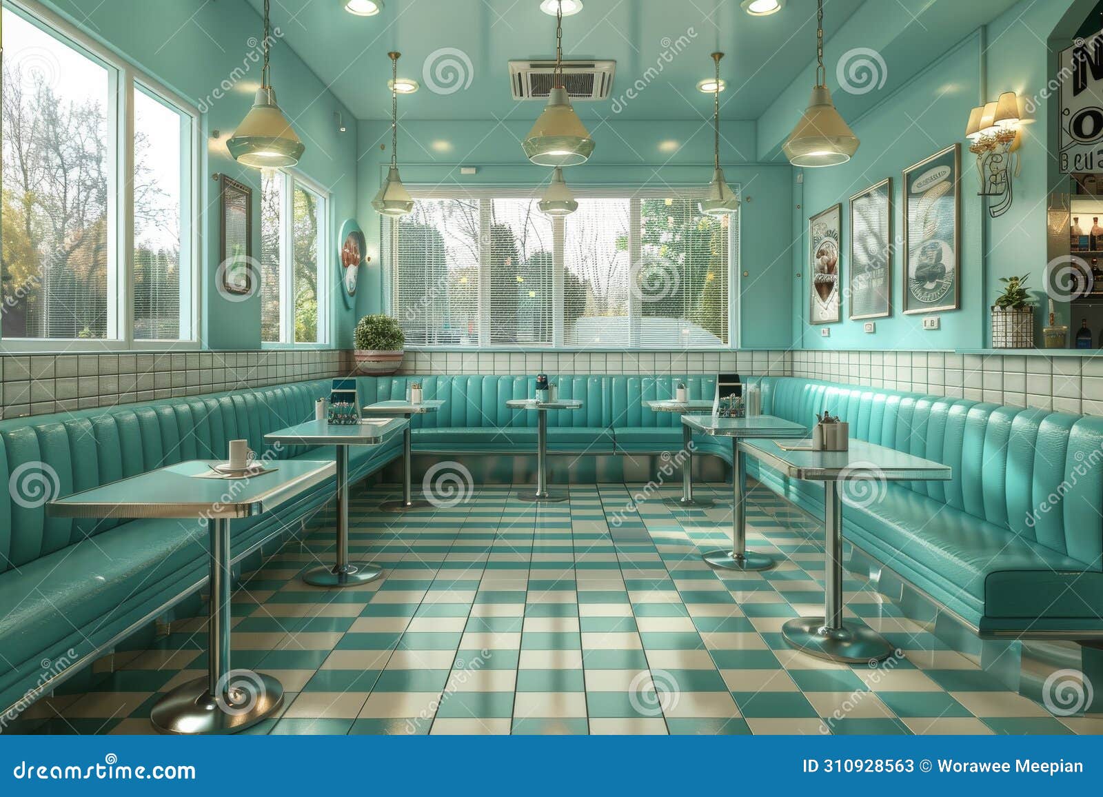 Empty Restaurant with a Blue Booth and a Blue Table Stock Image - Image ...