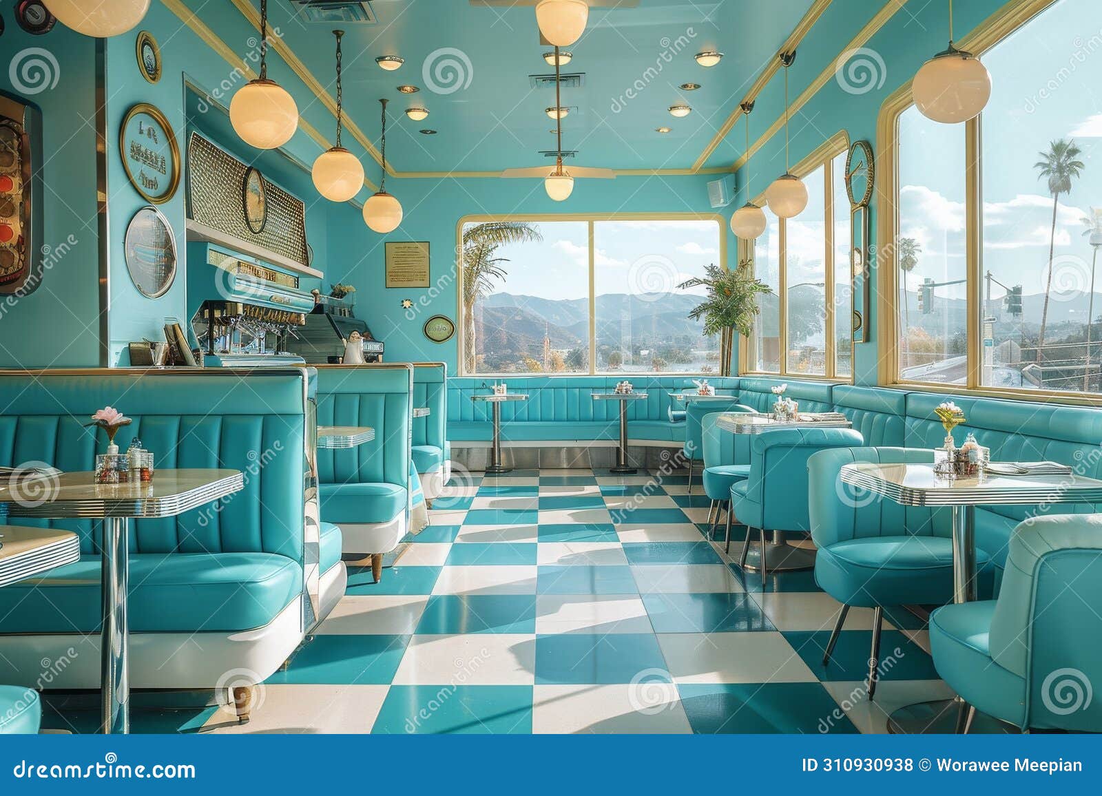 Empty Restaurant with a Blue Booth and a Blue Table Stock Photo - Image ...