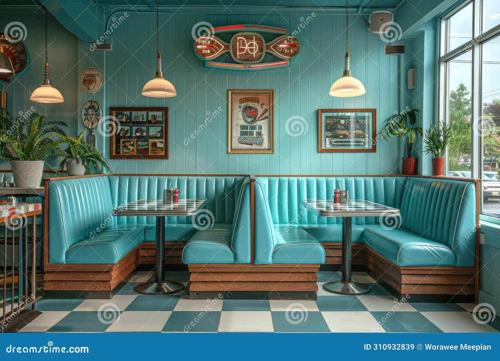 Empty Restaurant with a Blue Booth and a Blue Table Stock Image - Image ...