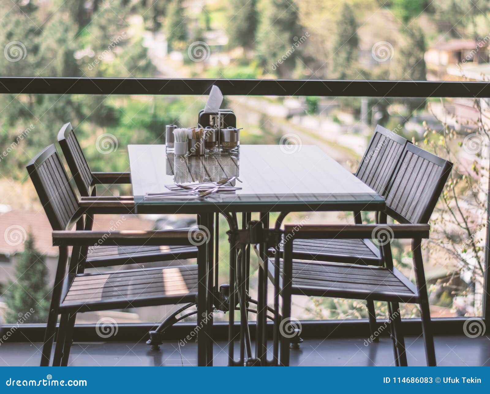 Empty Restaurant Table with Forest Background Stock Image - Image of ...