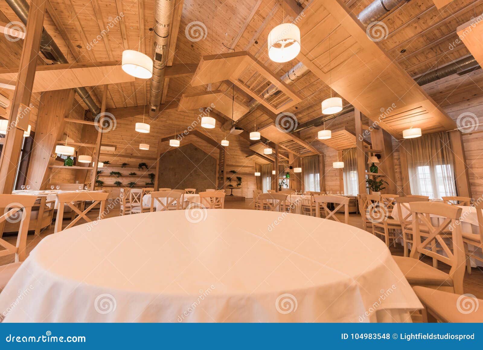 Empty Restaurant with Wooden Interior Stock Photo - Image of elegant ...