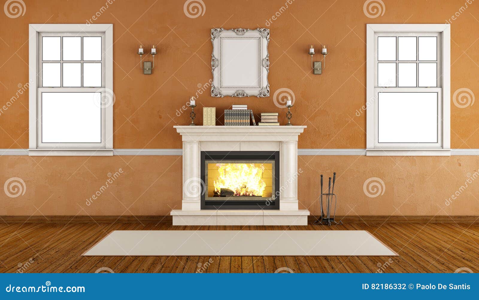 Empty Retro Room with Fireplace Stock Illustration - Illustration of ...