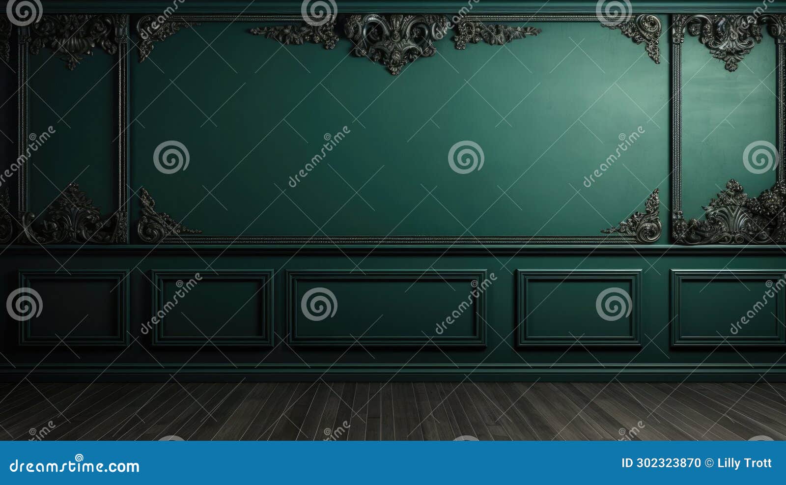 Empty Rich Dark Green Wall Mock Up, with Panels Stock Photo - Image of ...