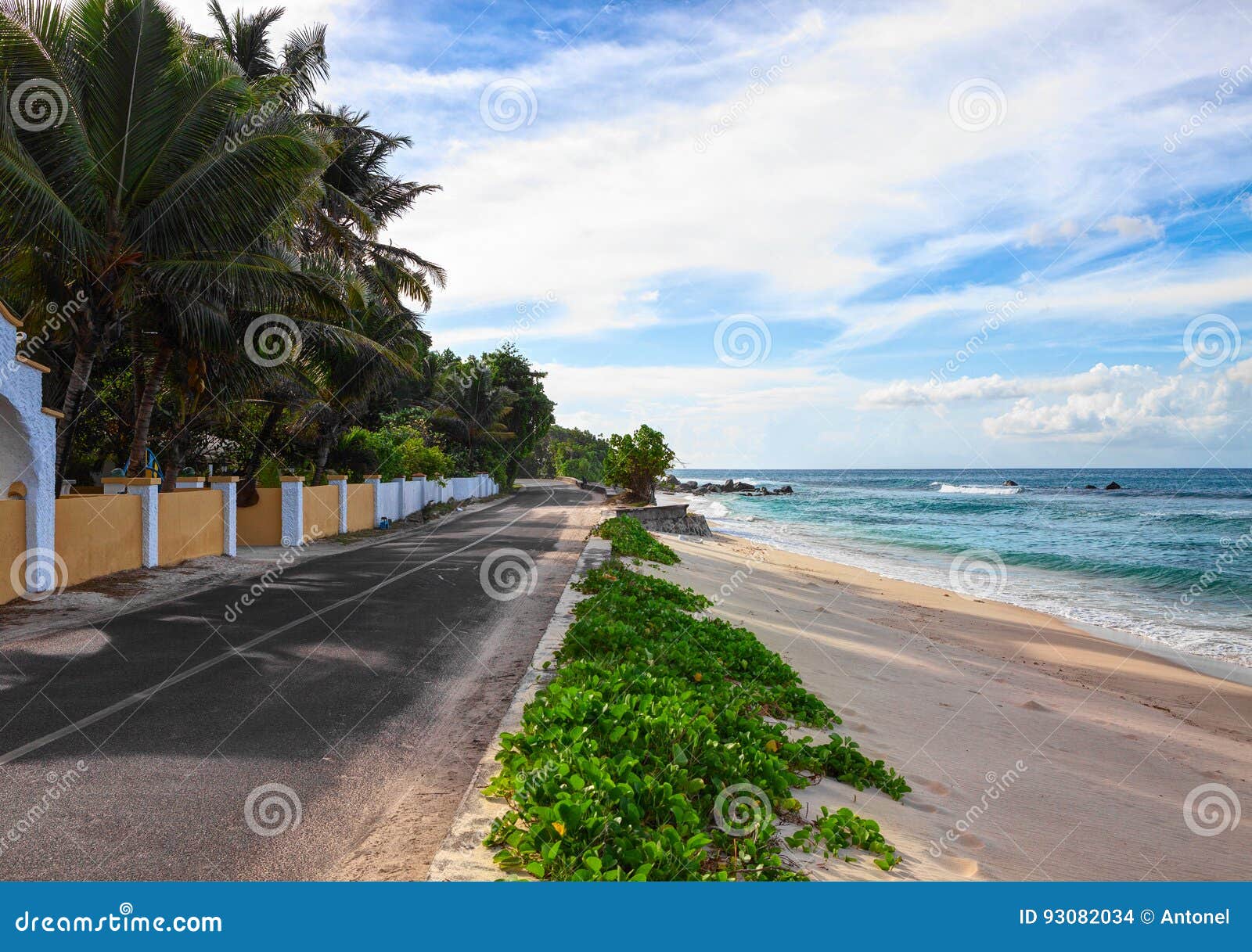 Empty Road Along the Ocean`s Beach, Mahe, Seychelles Stock Photo ...
