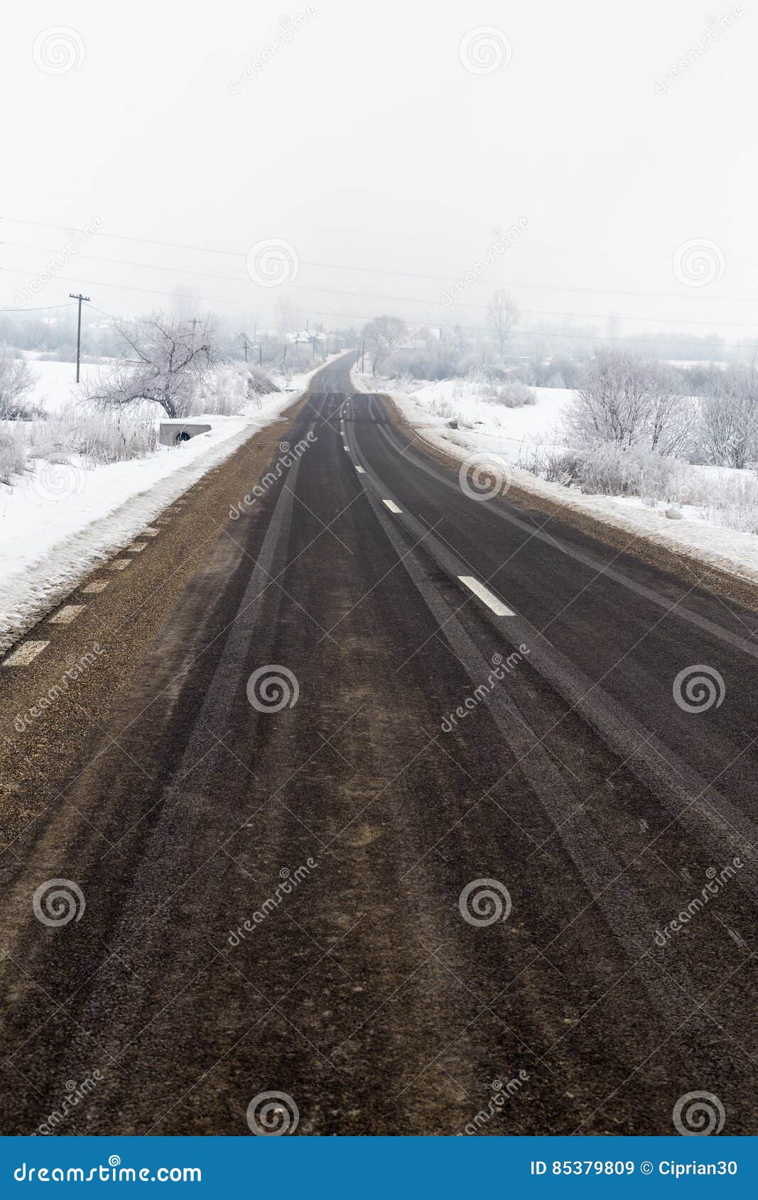 Empty Road in a Cold Foggy Winter Day Stock Image - Image of white ...