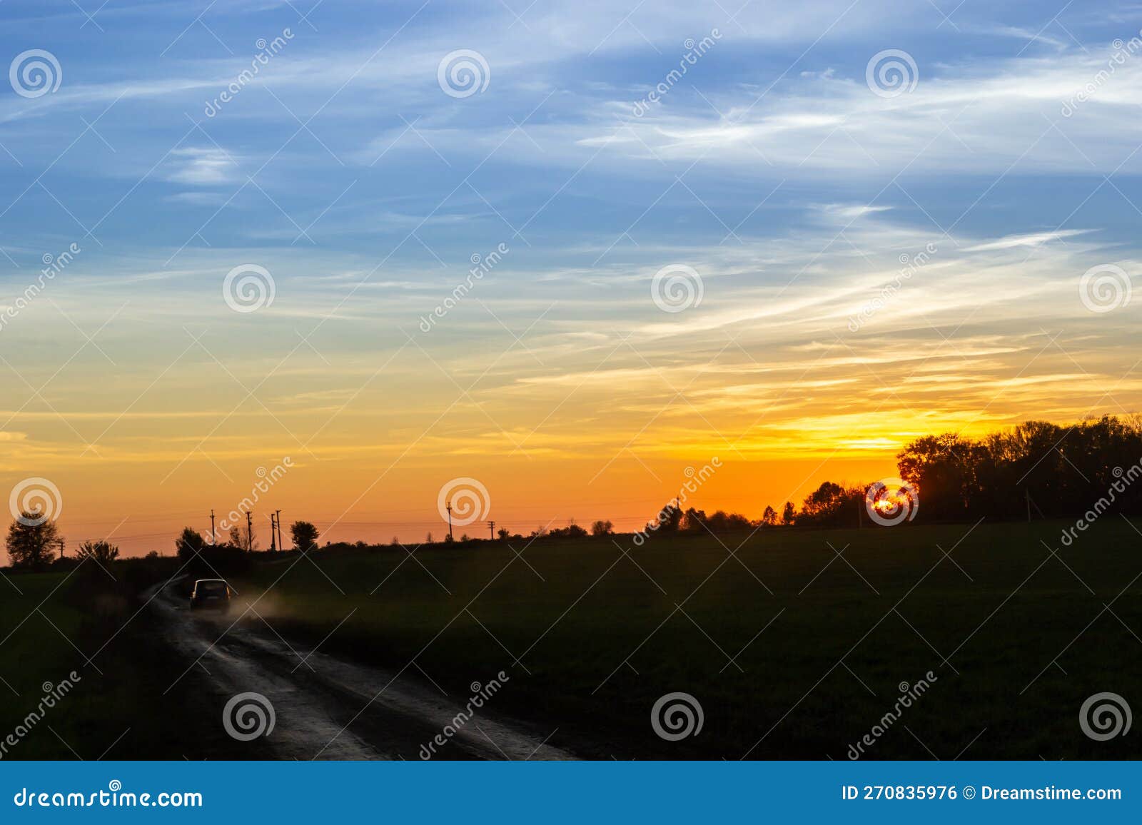 An Empty Road Going Forward between a Green and Plowed Field with Trees ...