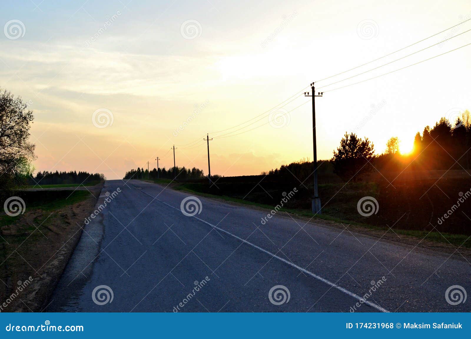 Empty Road at Sunset Background. into the Sun Stock Photo - Image of ...