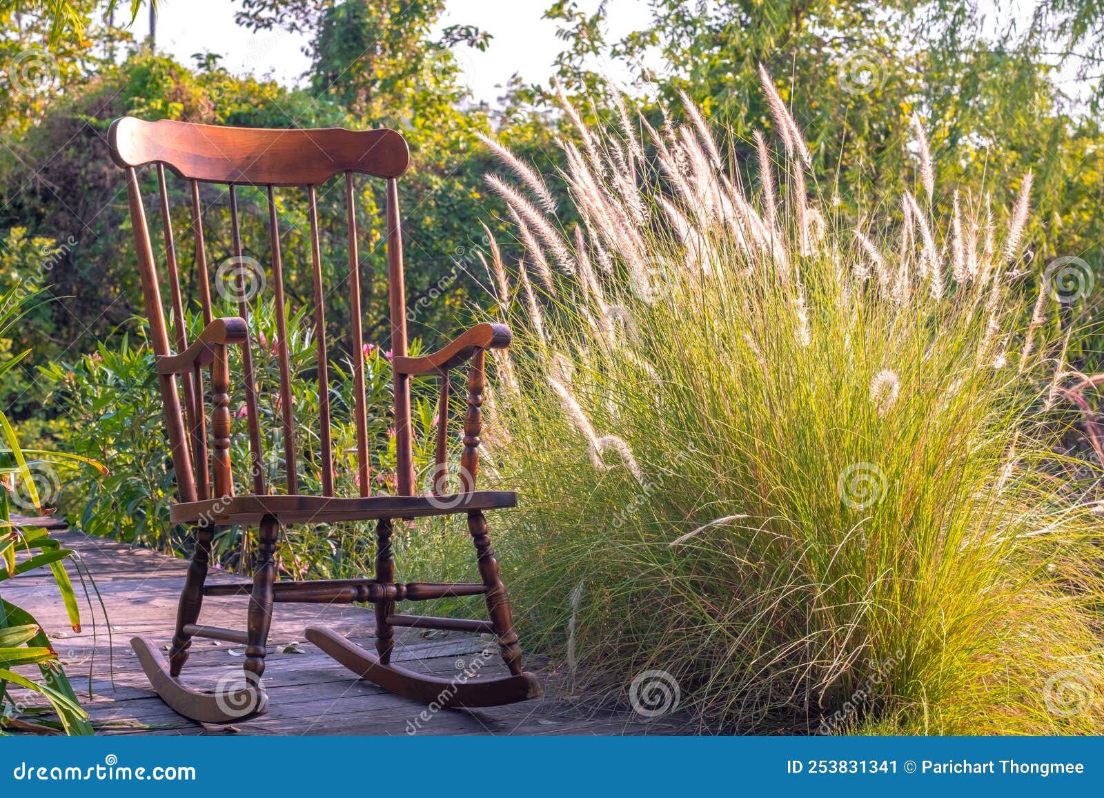 Empty Rocking Chair in Garden at Summer Sunset Stock Image - Image of ...