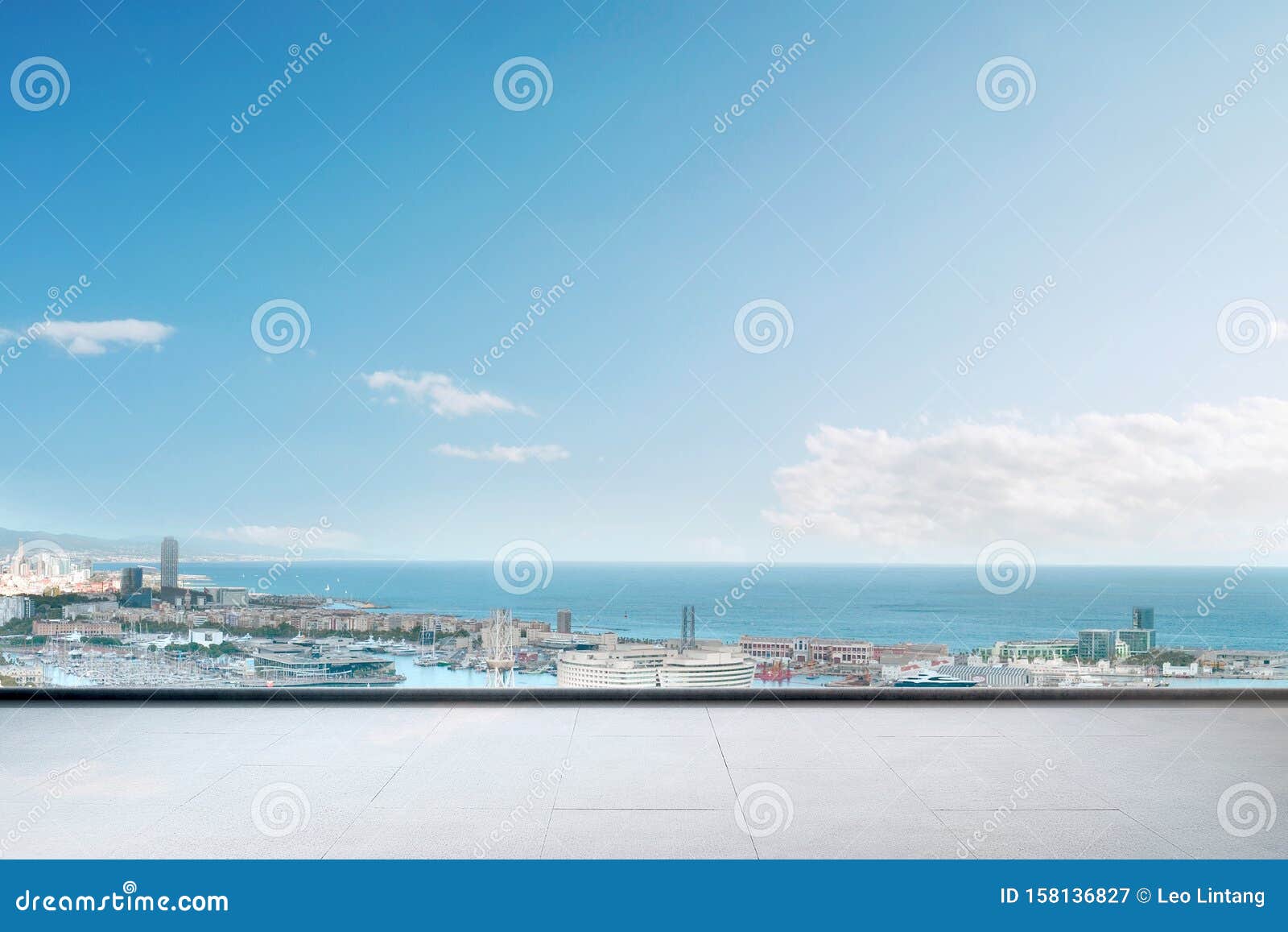 Empty Rooftop with Modern City and Harbor View Stock Image - Image of ...