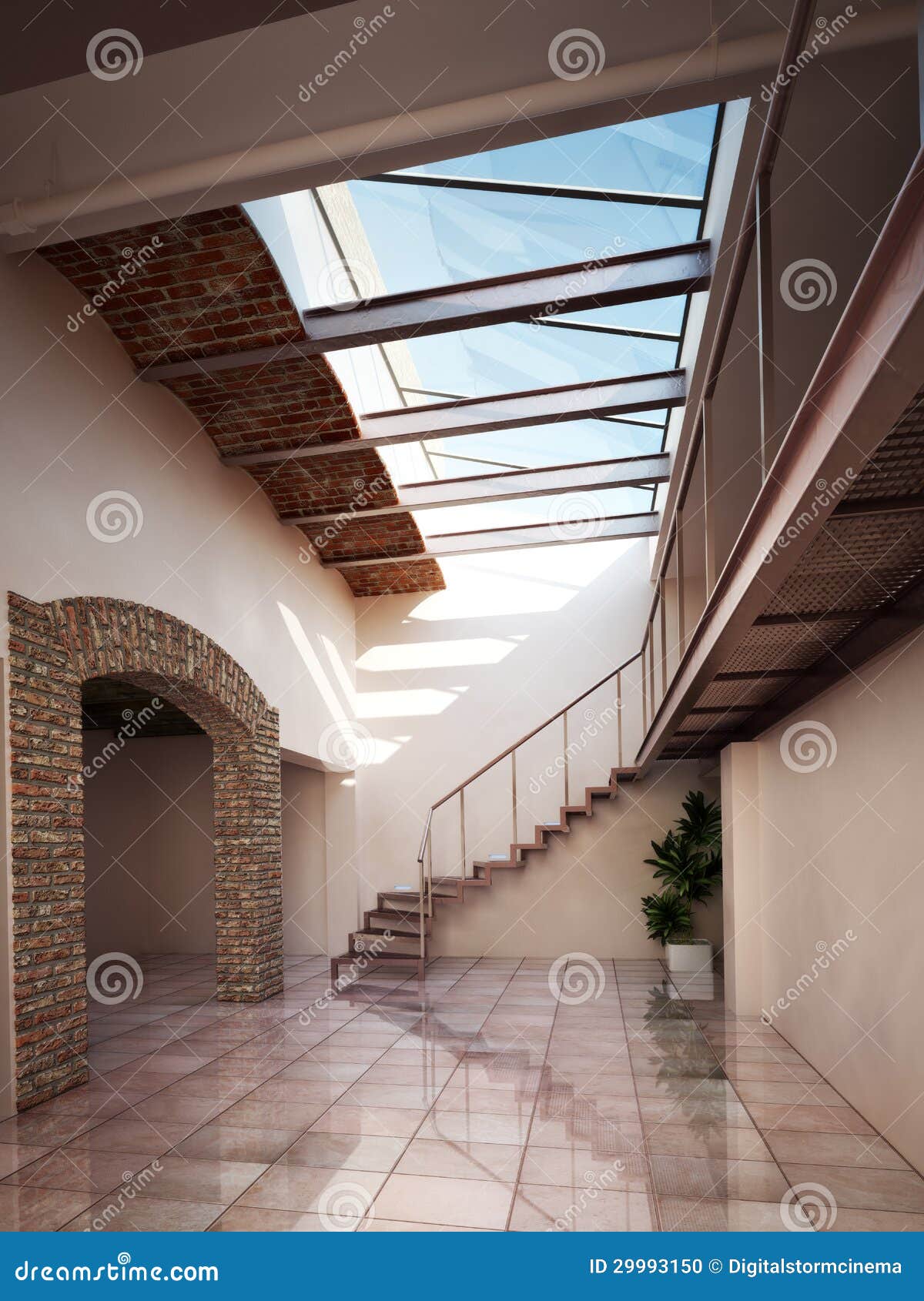 Empty Room with Rustic Brick and Ceiling Skylights Stock Photo - Image ...