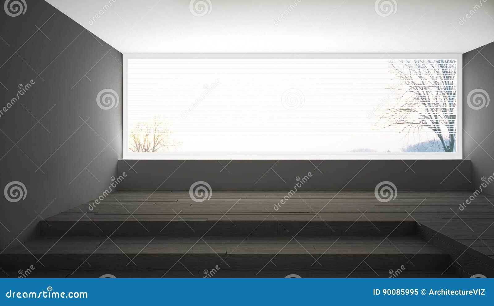 Empty Room with Big Panoramic Window and Stairs, Minimalist Gray Stock ...