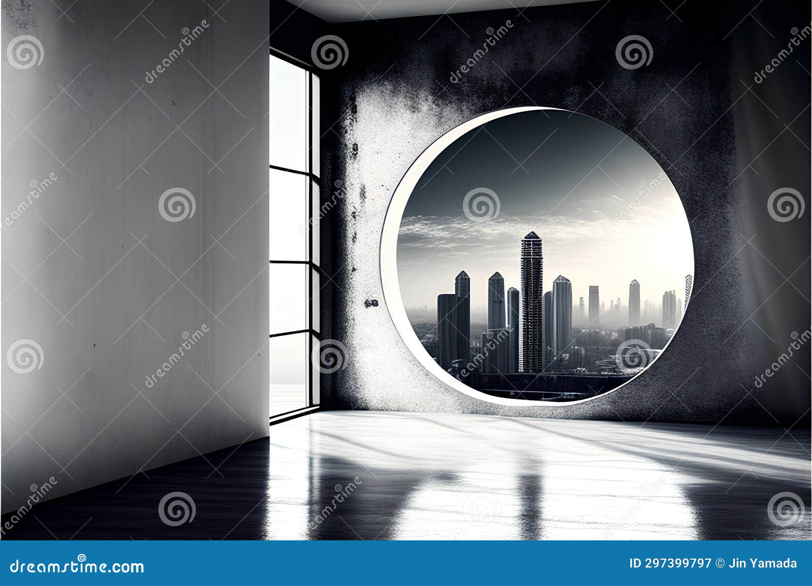 Empty Room with Big Window and City View. 3D Rendering Stock ...