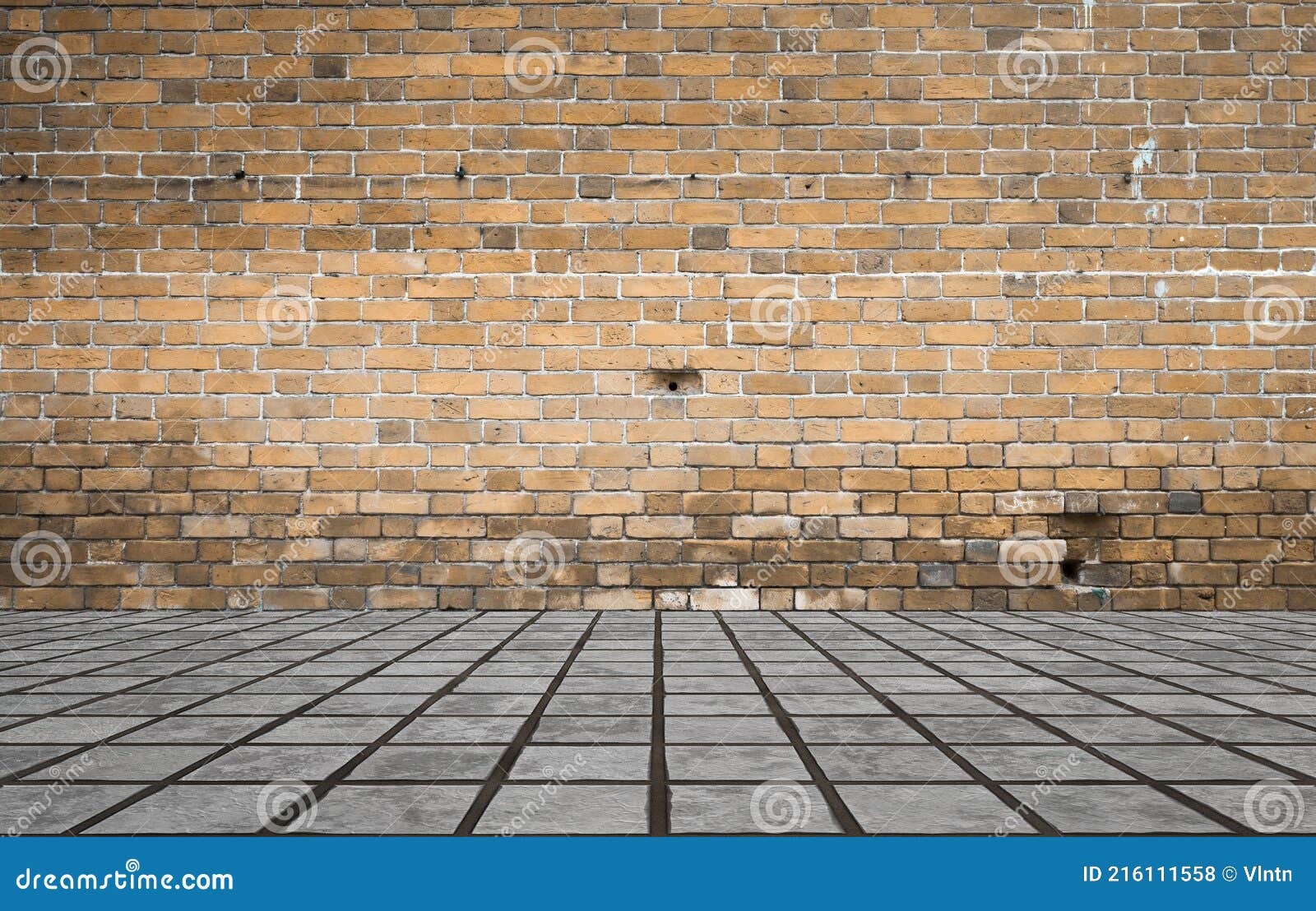 Empty Room with Bricks Wall and Tiled Floor Stock Photo - Image of ...