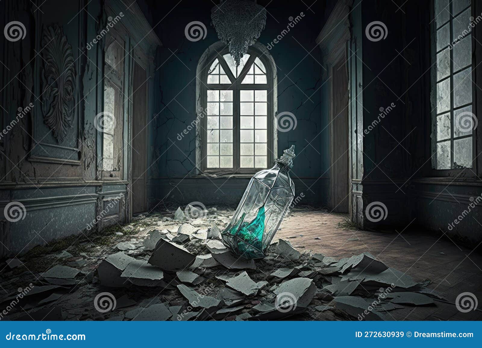 Empty Room, with Broken Lantern and Shattered Glass on the Floor, in ...