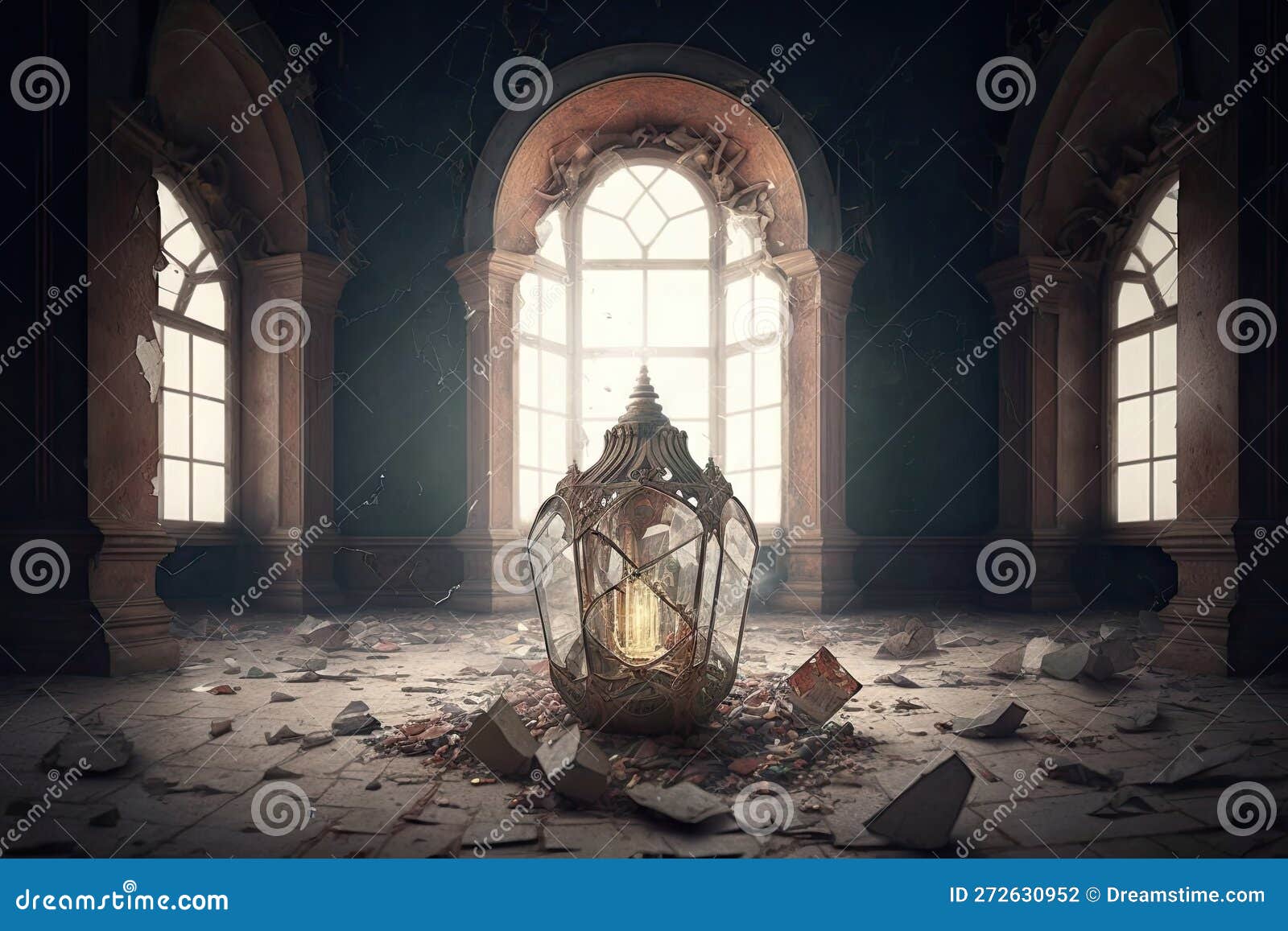 Empty Room, with Broken Lantern and Shattered Glass on the Floor, in ...