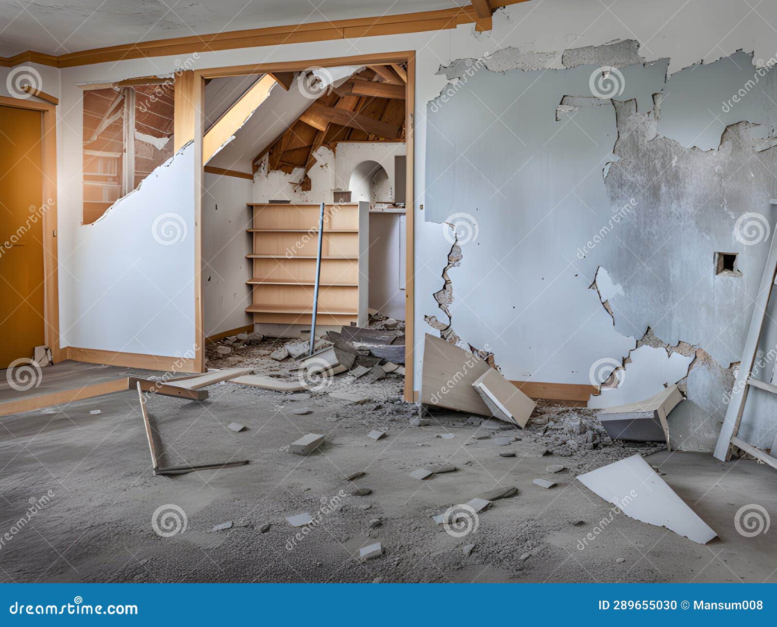 Empty Room with Broken Wall and Ceiling, Ai Generated Stock ...