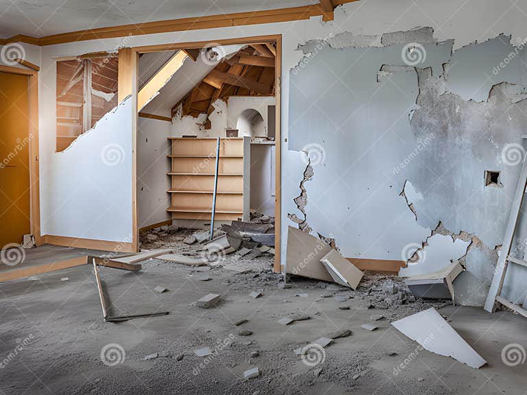 Empty Room with Broken Wall and Ceiling, Ai Generated Stock ...