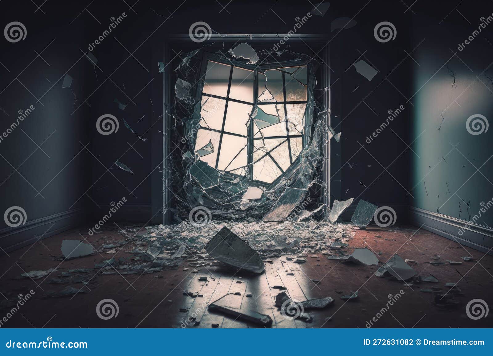 Empty Room with Broken Window and Shards of Glass on the Floor Stock ...