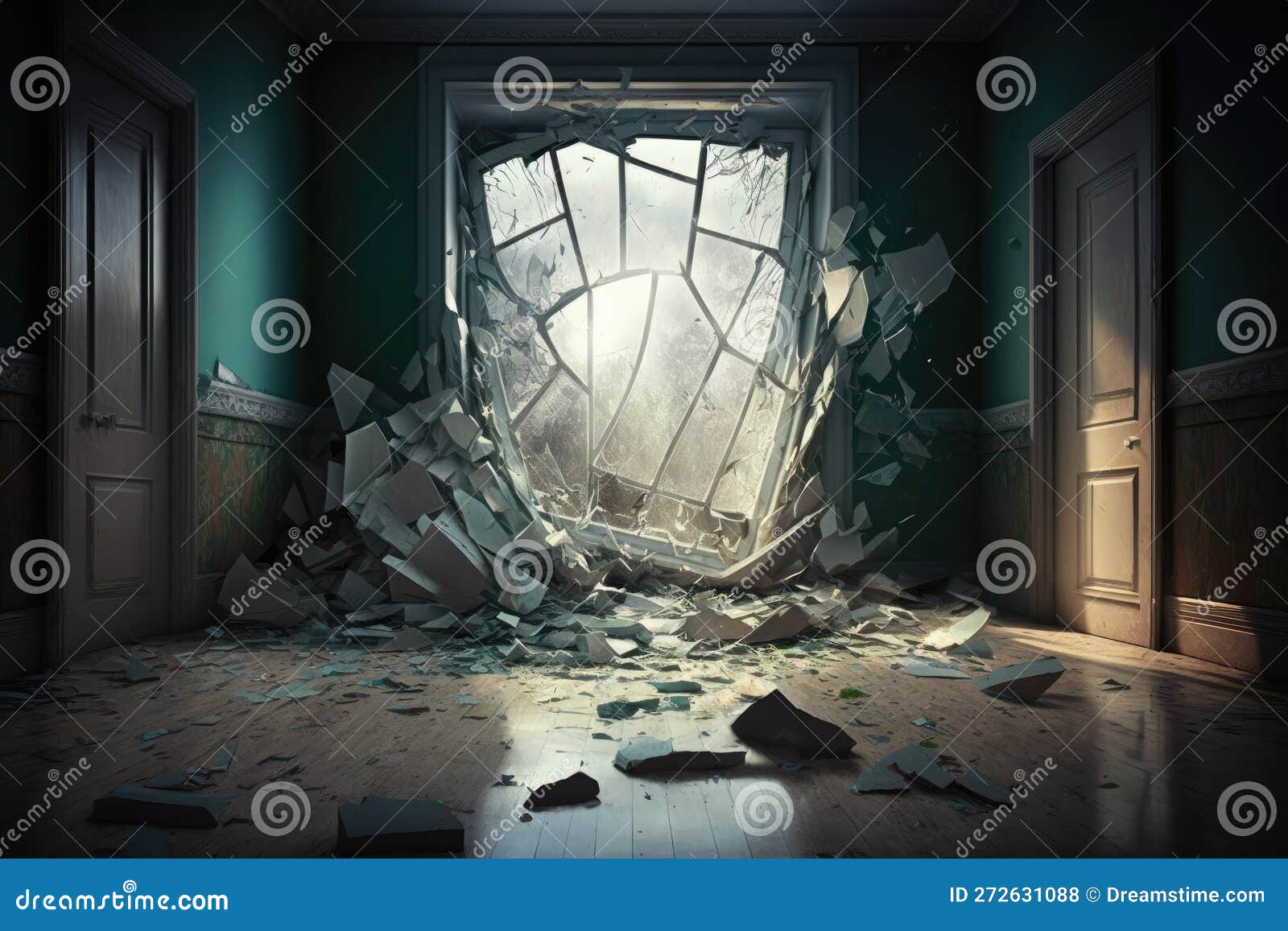 Empty Room with Broken Window and Shards of Glass on the Floor Stock ...