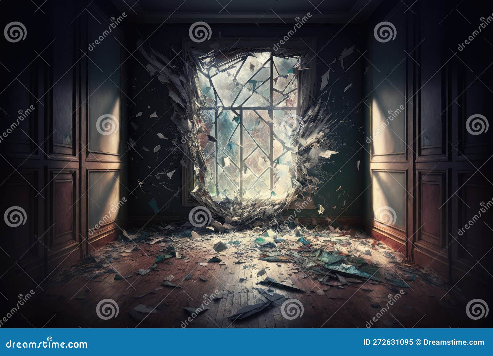 Empty Room with Broken Window and Shards of Glass on the Floor Stock ...