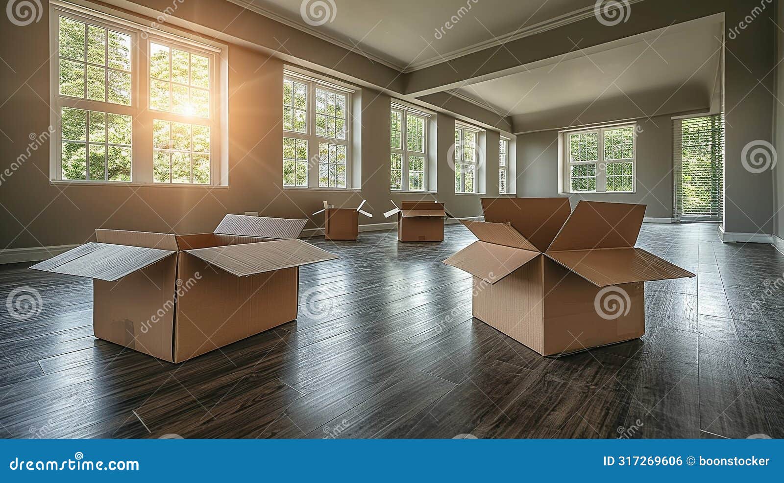 An Empty Room with Cardboard Boxes on the Floor. AI Generated. Stock ...