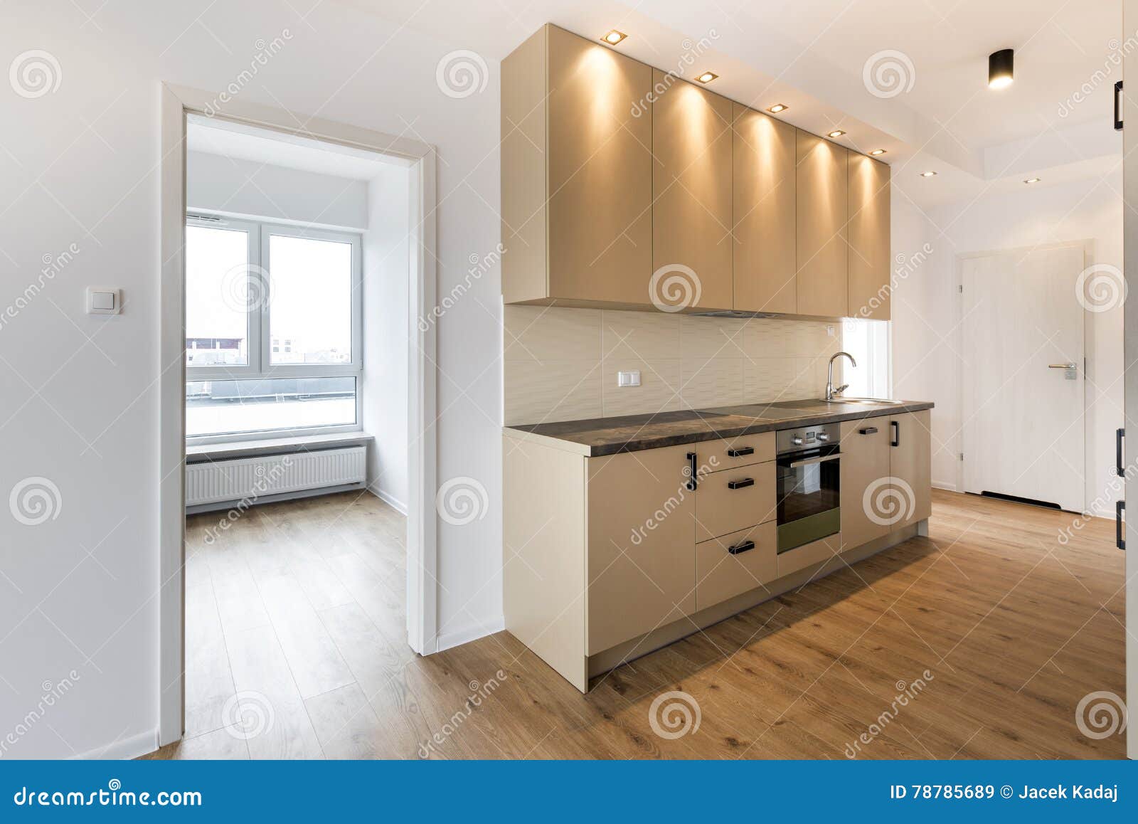Empty Room with Domestic Kitchen Stock Image - Image of light, large ...