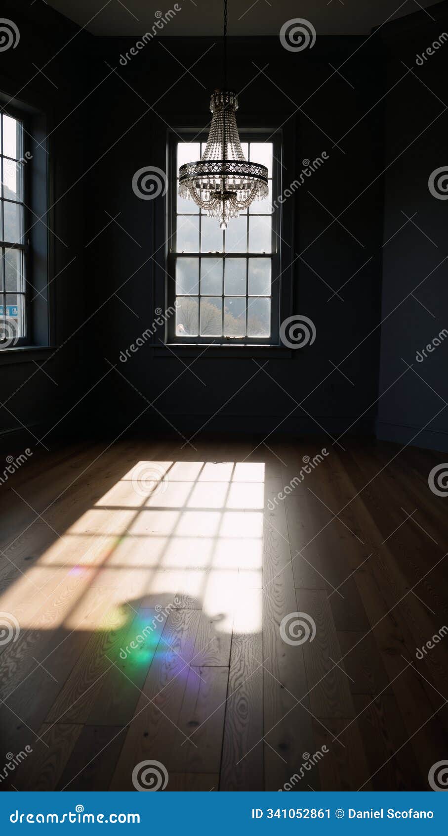 Empty Room Featuring Darkgray Walls Wood Floors Large Windows Allow ...