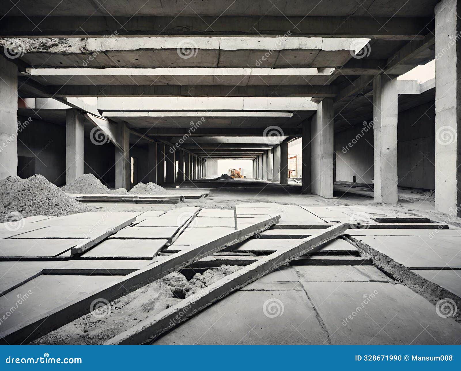 Empty Room Interior with a Large Concrete Building Under Construction ...