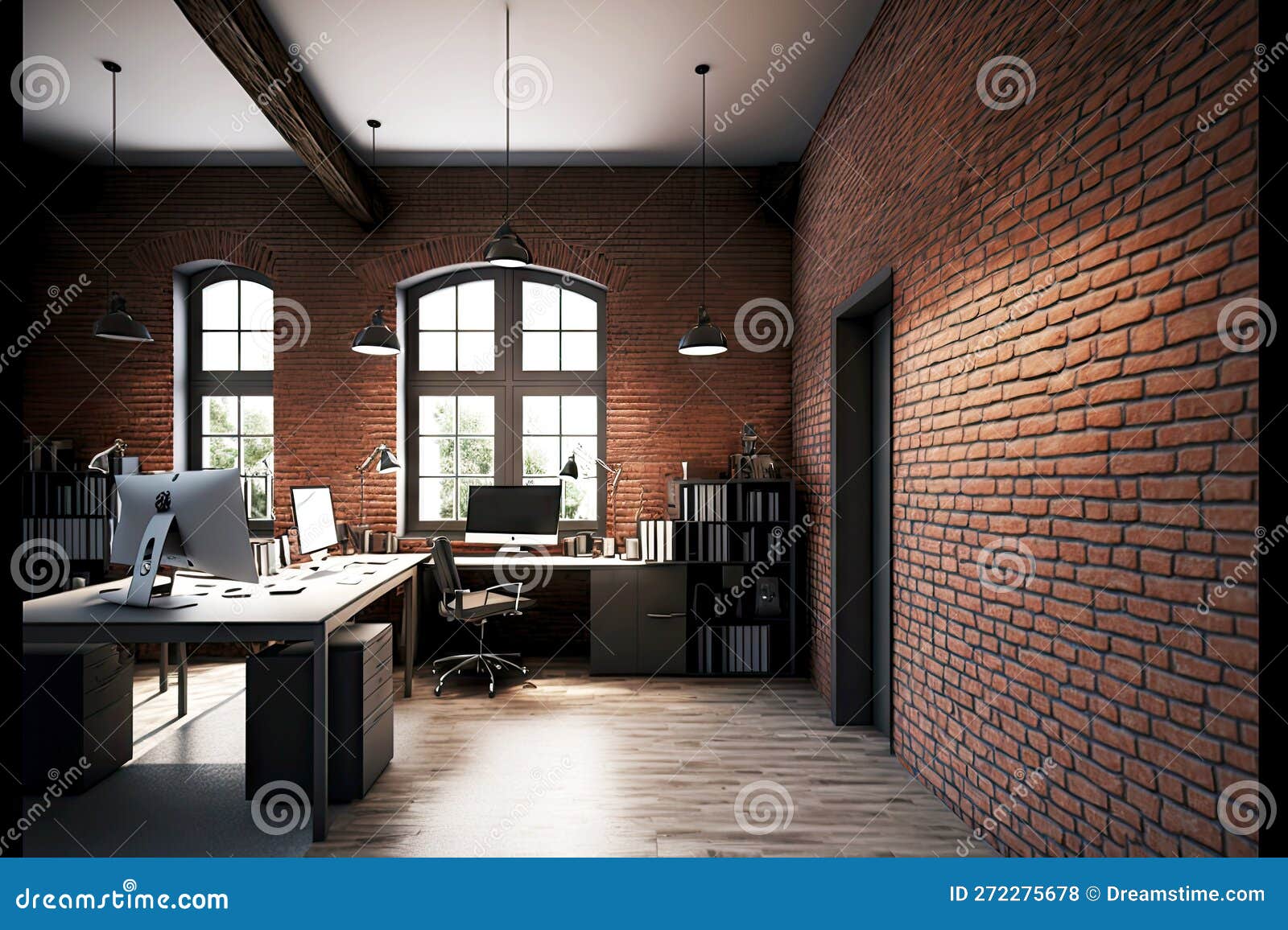 Empty Room in Loft-style Interior with Two Workplaces and Brick Wall in ...